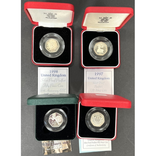 GB Royal Mint silver proof coins: 1998 50p NHS piedfort, 1998 EEC 50p ...