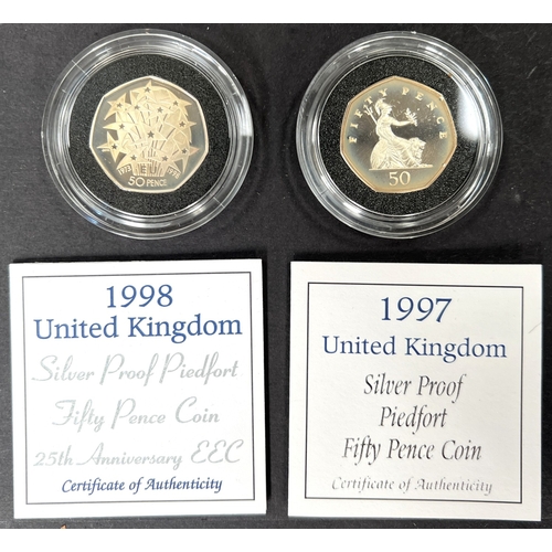 GB Royal Mint silver proof coins: 1998 50p NHS piedfort, 1998 EEC 50p ...