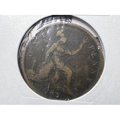 A Victorian "Bun penny" 1d coin; a 1d "old head" penny, dates 1863 & 1896