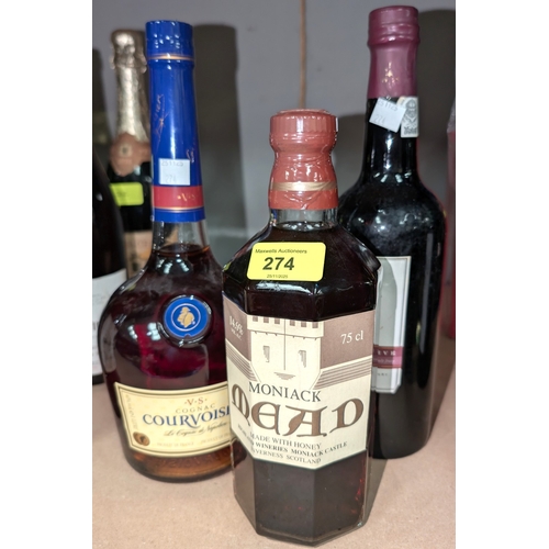 A 1 litre bottle of Courvoisier Cognac; a 75cl bottle of Moniack Mead ...