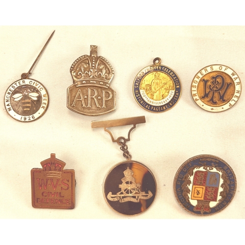A silver A.R.P badge, other silver, base metal and enamel badges some ...