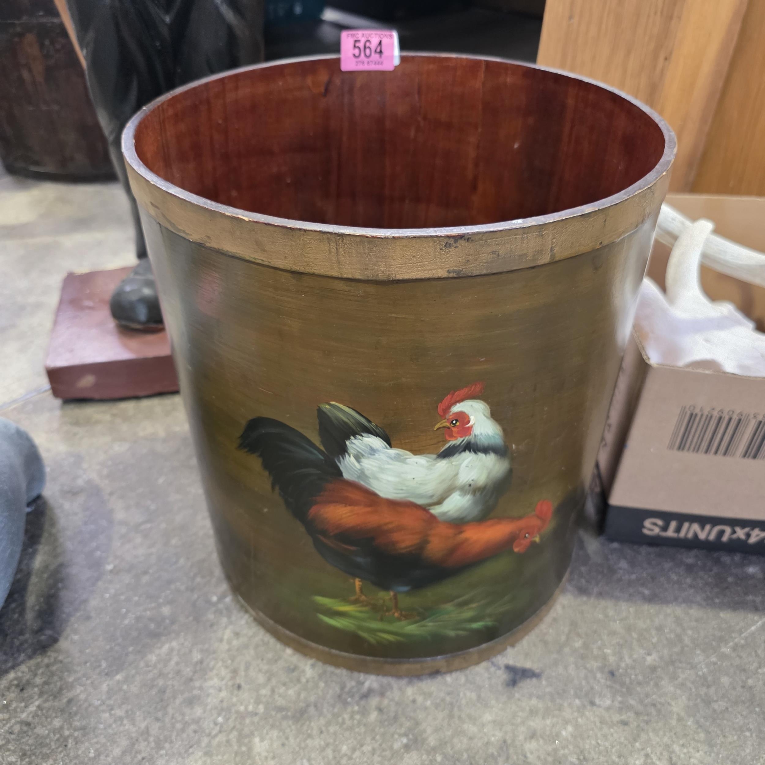 Wooden Dust Bin With Hen Detail