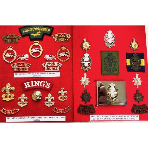 Queen, Fusiliers, RGJ. KOB, Anglian and Kings badges.Five boards ...