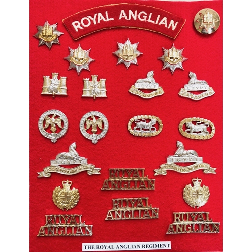 Queen, Fusiliers, RGJ. KOB, Anglian and Kings badges.Five boards ...