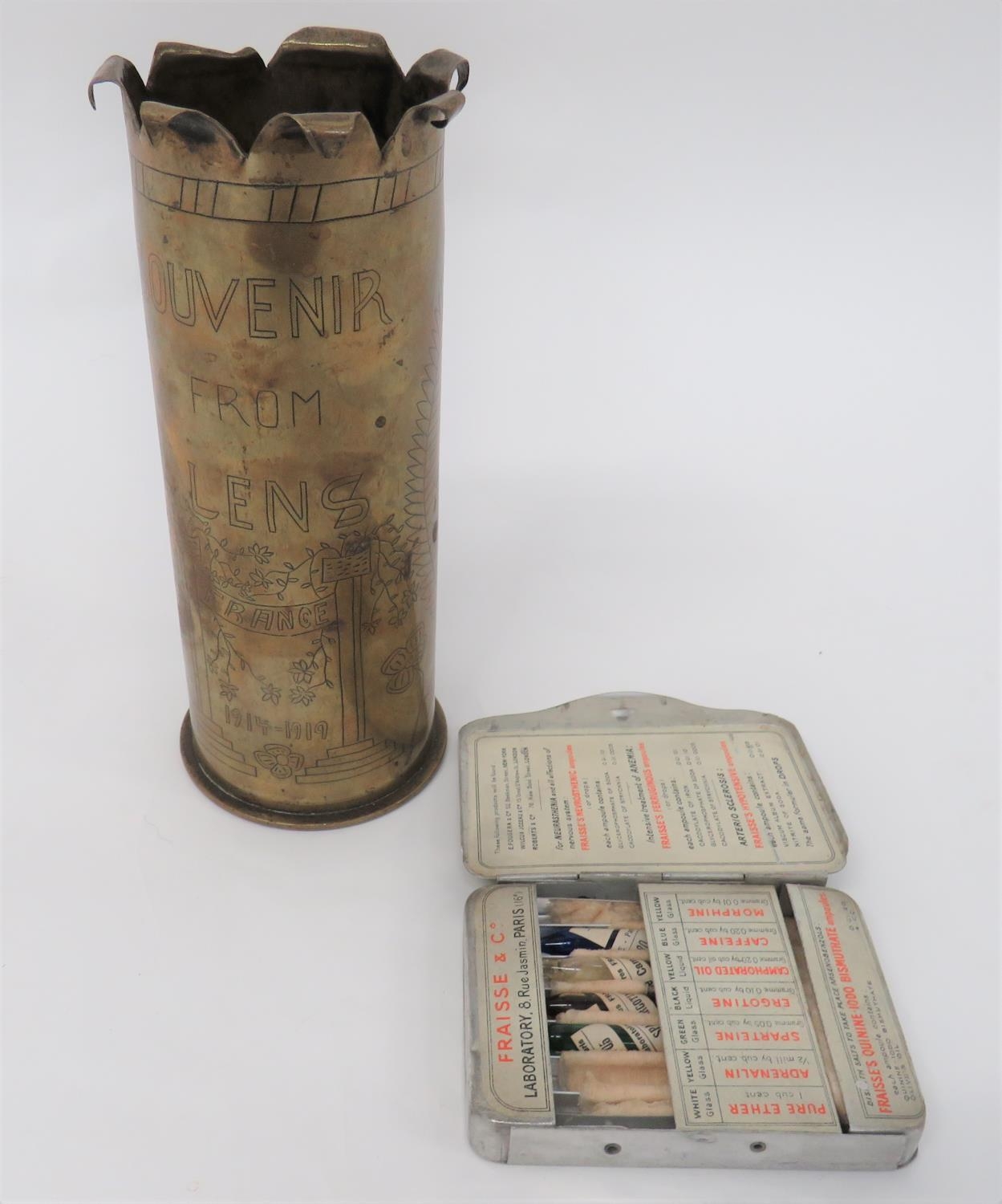 WW1 Medical Kit and North Staffs Trench Art Shell alloy, rectangular ...