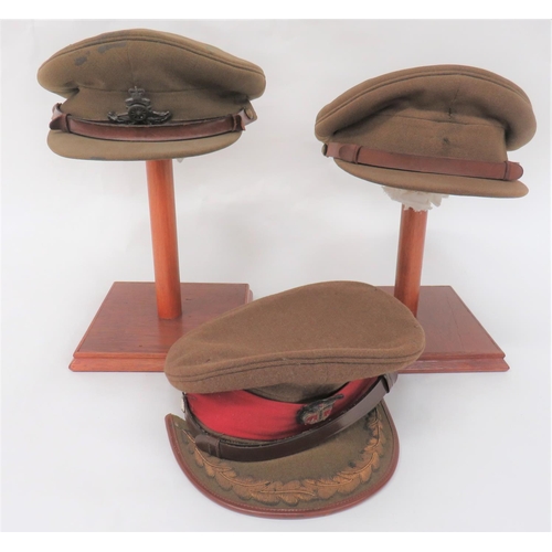 Three British Officer Service Dress Caps consisting khaki service dress ...