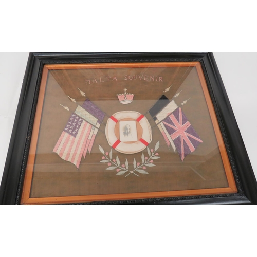 Pair Of Interwar "Malta Souvenir" Silk Embroideries 24 x 21 inch, silk ...