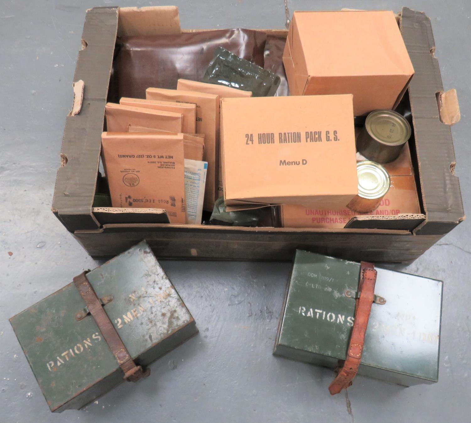 Quantity Of Post War Rations including 2 x green painted "Rations, 2 ...
