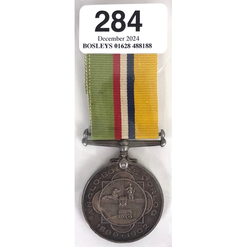Anglo-Boer War Medal. Awarded to “BURGER J N ELOFF”. One side bears the ...