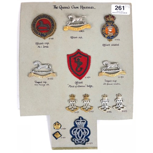 The Queen's Own Hussars card of 13 items of insignia. Officer's silver ...
