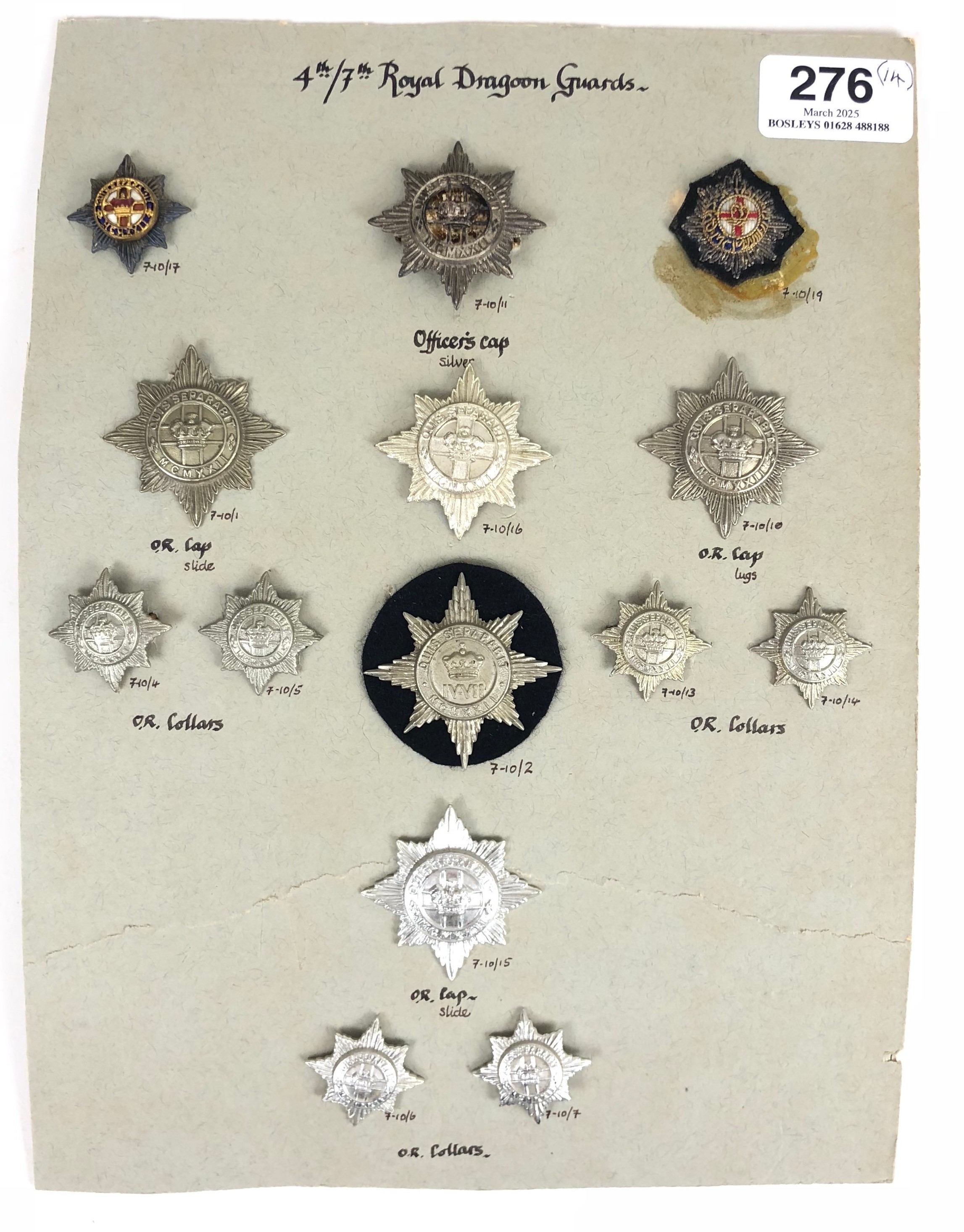 4th/7th Royal Dragoon Guards card of 14 items of insignia. 2 Officer's ...