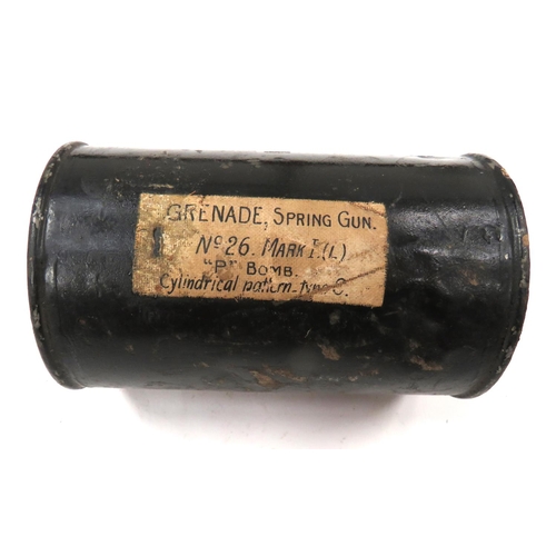 British Inert No 26 Spring Gun Grenade black painted, tin canister. The ...