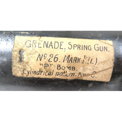 British Inert No 26 Spring Gun Grenade black painted, tin canister. The ...