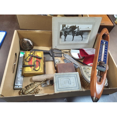 Box of quality collectables to include a harmonica, 2 clock keys, 3 old ...