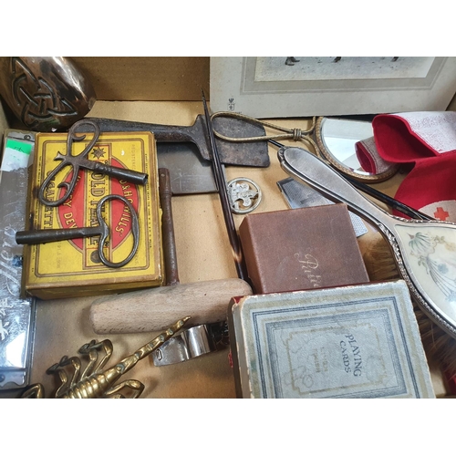 Box of quality collectables to include a harmonica, 2 clock keys, 3 old ...