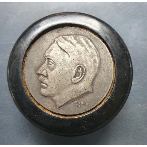 2-part ebonised wood snuff box with a circular metal disk on one end ...