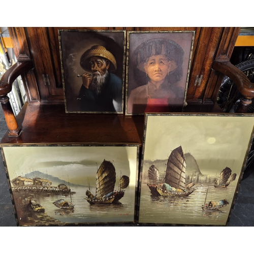 Four Hong Kong Chinese oil on board paintings, 2 portraits and 2 ...