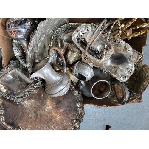 Box of various metalware including weighing scales, an iron and others ...