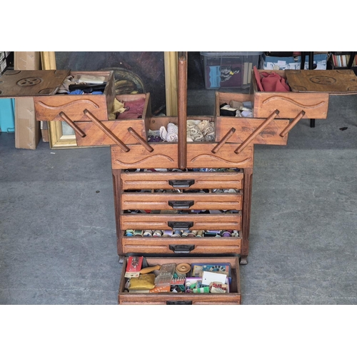 Huge, floor standing, 20thC wooden cantilever sewing box on 5 shallow ...