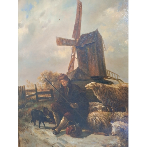 G Ross, oil on candle depicting a shepherd and sheep before a windmill ...