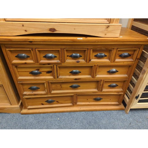 Pine multi drawer chest with clam shell handles. 120cm long x 49cm deep ...
