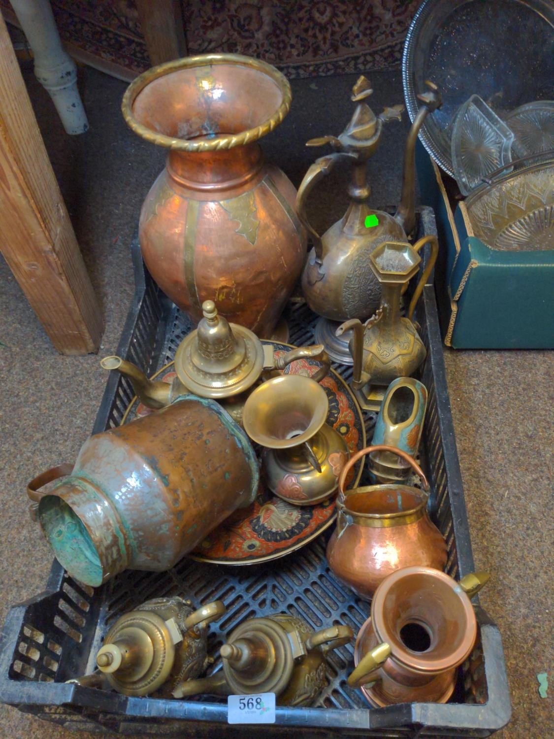 Crate of brass and copperware, inc. Persian style ewers, enamelled ...