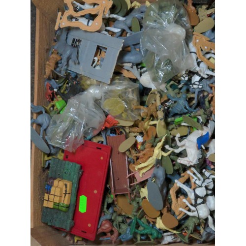 Wooden box of plastic figures inc, cowboys, soldiers plus others etc..,