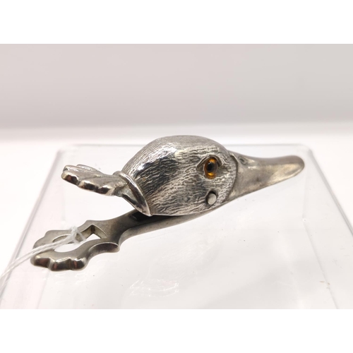 Silver plated duck head paper clip with glass eyes, length 12.8cm