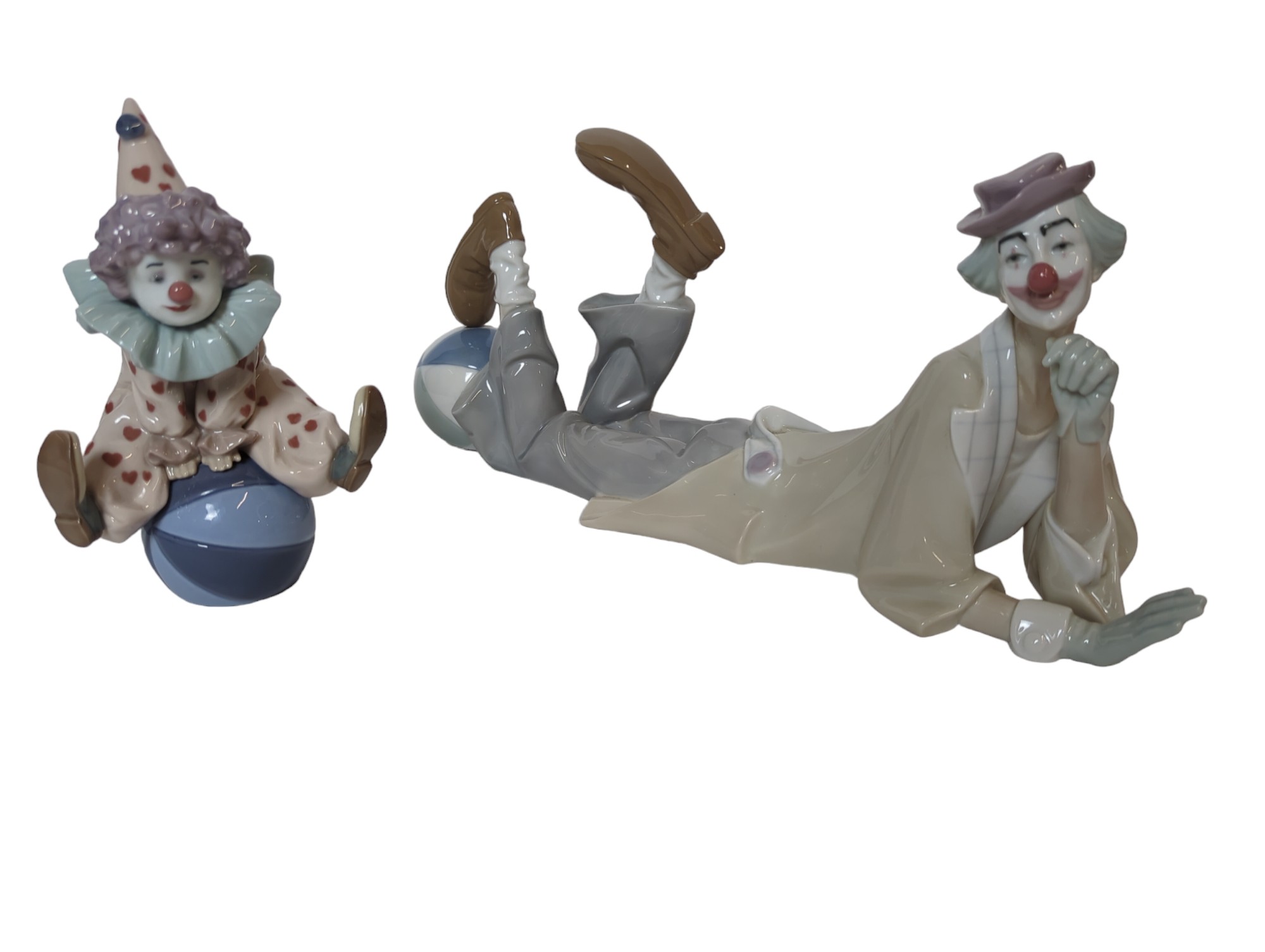2 Lladro clowns: clown laying with beach ball + 'having a ball@ clown ...