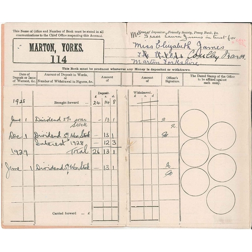 UK; Post Office Savings Bank; Deposit Book (Marton, Yorkshire) with ...