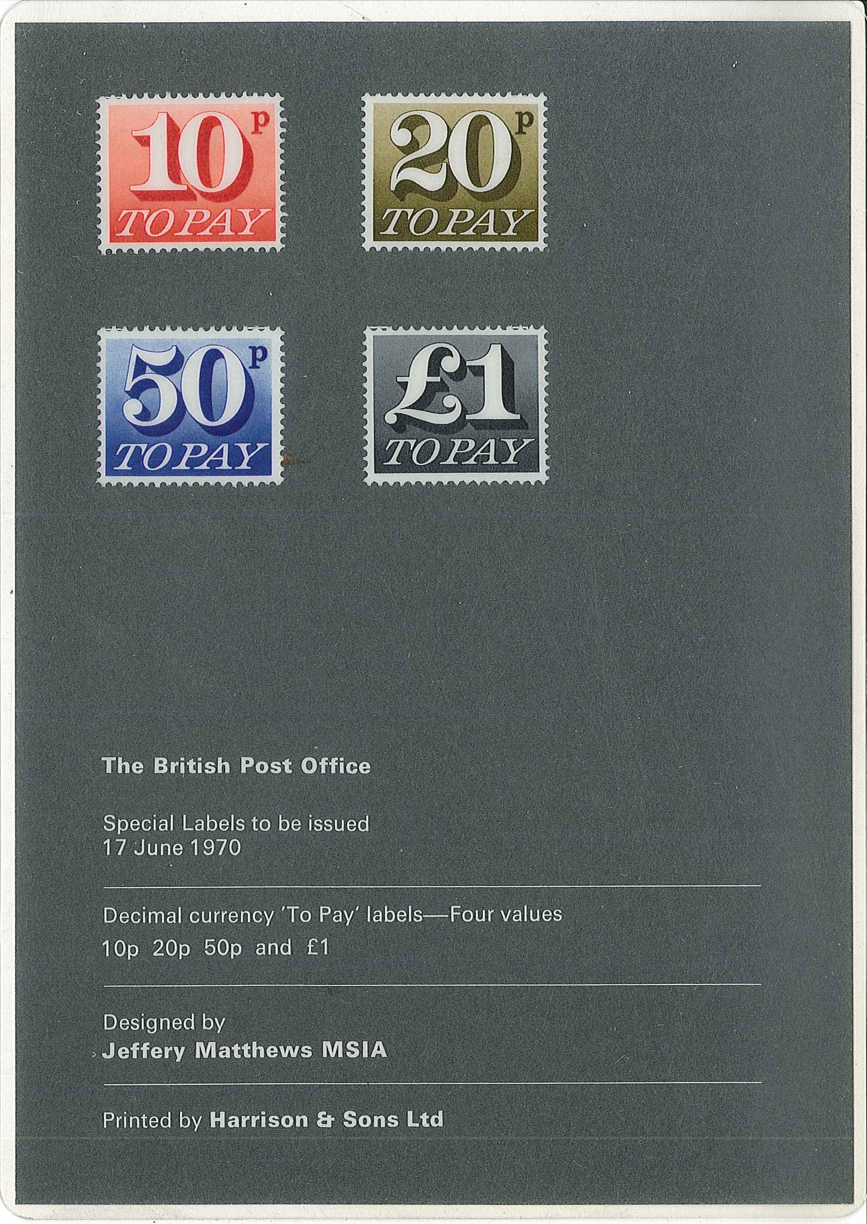 UK Publicity Cards; 1970 To Pay 10p, 20p, 50p, £1 sealed in plastic ...