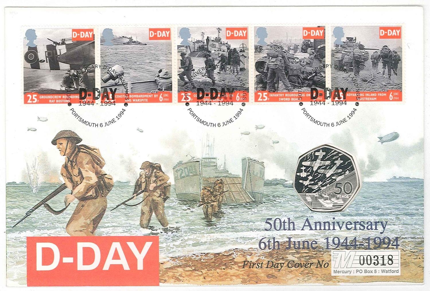 UK PNCs; 1994 Mercury D-Day cover with 50p silver proof.