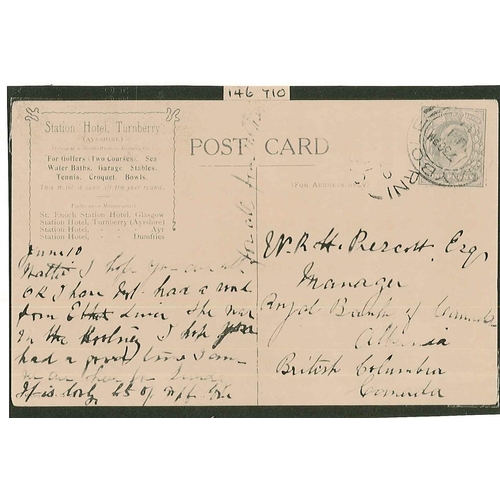 UK; 1902-13 (1911) KE7 1d aniline rose fine used on 1911 postcard to Canada with Maybole c.d.s. RPSL