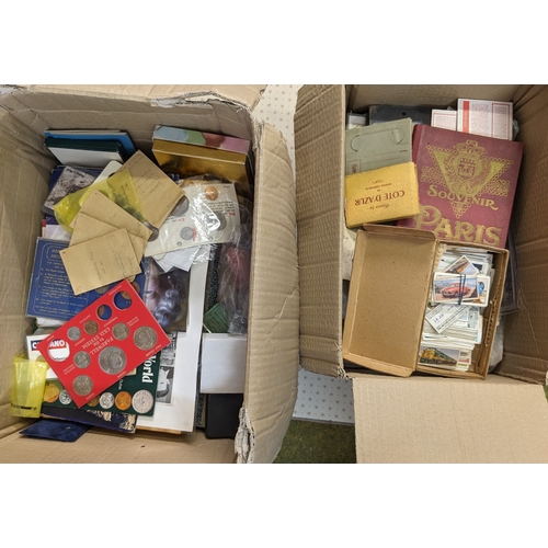 Collectables; two mixed cartons with coins, ephemera, some cigarette ...