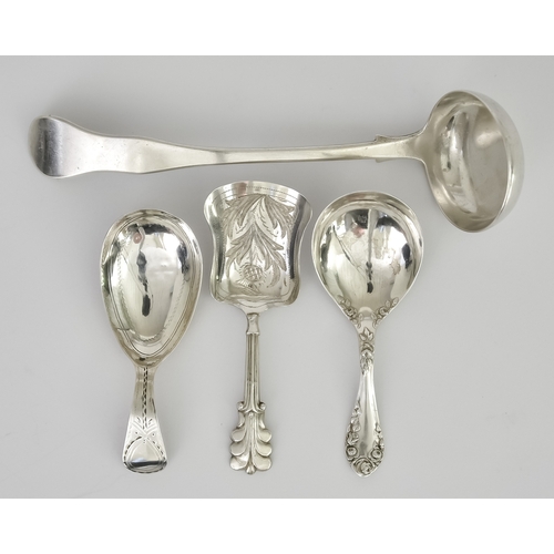 Three Silver Caddy Spoons and a Toddy Ladle, including a shovel pattern ...