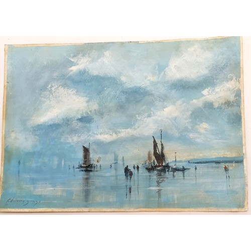 Oil on canvas of some boats in a peaceful bay with onlookers bearing ...