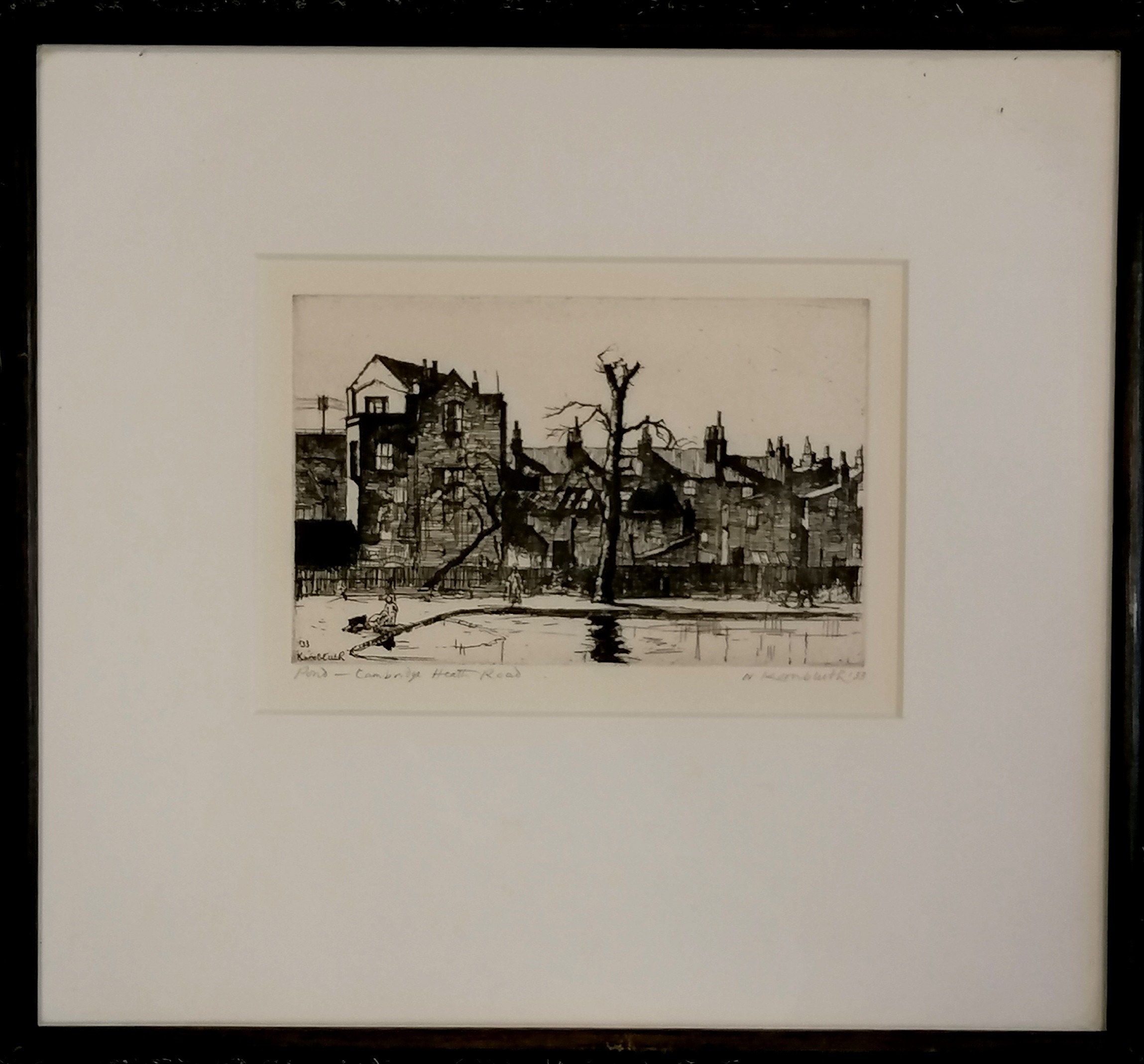 Framed signed 1933 etching of Pond - Cambridge Heath Road by Nathaniel ...