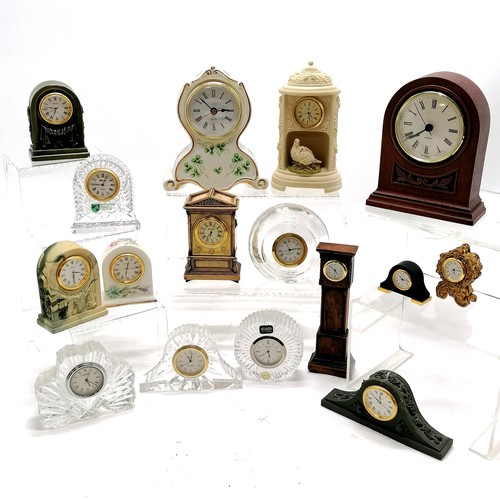 Qty of clocks inc miniatures, Dartington glass, Killarney glass ...