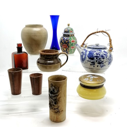 Oriental blue & white teapot with raffia handle (handle a/f - pot ...