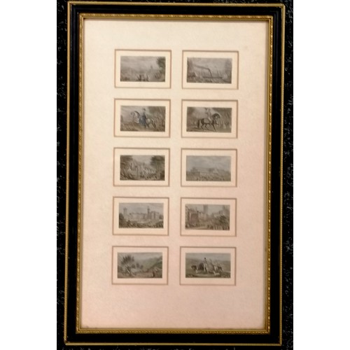 A framed set of ten Miniature Baxter prints, depicting people on ...