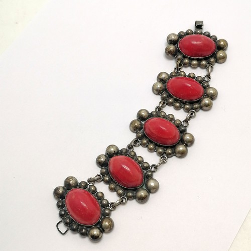 Mexican silver marked wide (4.5cm) red stone set bracelet - 18cm long ...
