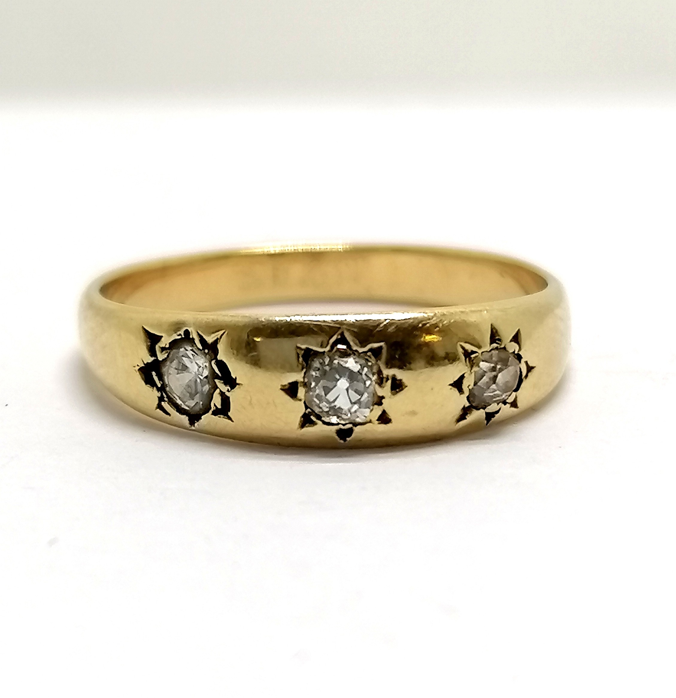 Unmarked 18ct gold gypsy ring set with 2 diamonds & 1 replacement white ...