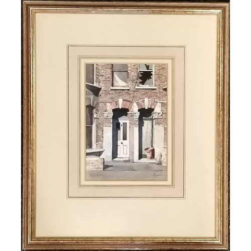Paul Bisson (b.1938) watercolour painting of a derelict terrace house ...