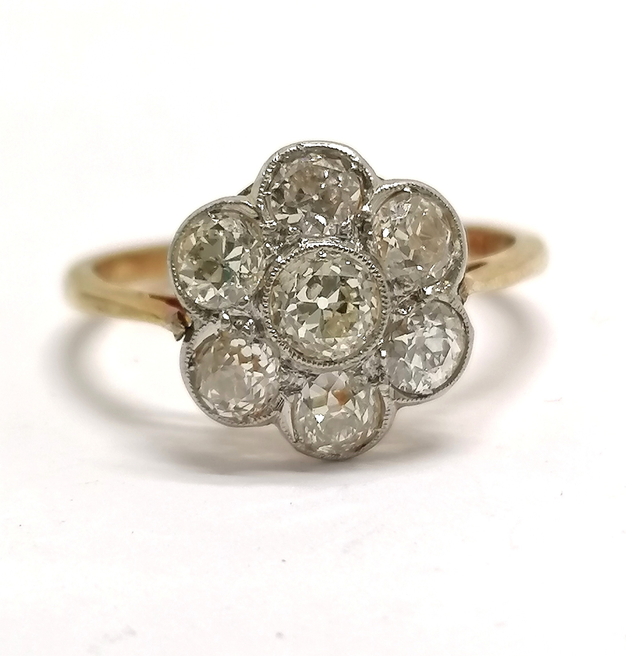 Antique 18ct & platinum marked diamond cluster millegrain set ring ...
