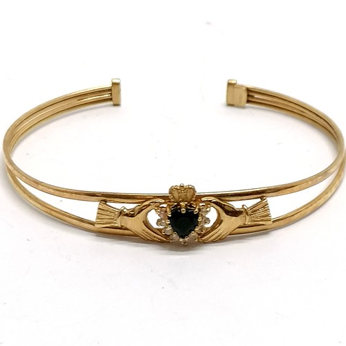 9ct hallmarked gold claddagh cuff bangle with sapphire / white stone ...