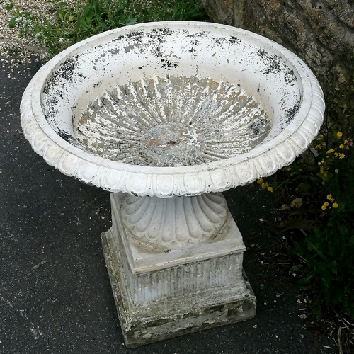 Large aluminium fluted urn on a square concrete base - 74cm diameter x ...