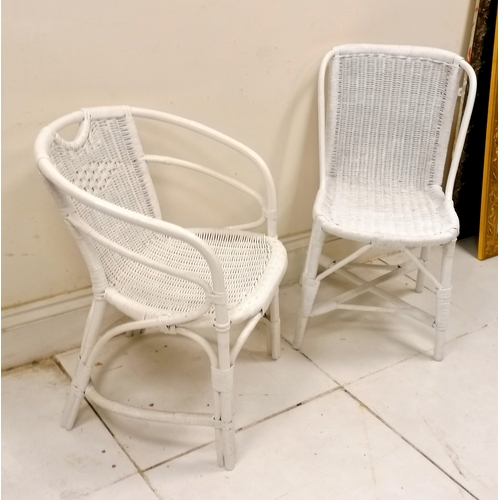 2 white painted wicker chairs - no obvious damage - 57cm x 45cm x 71cm