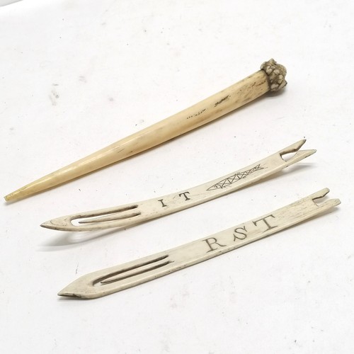 Antique Folk art sailors fid (18.5cm) + 2 bone sailors net darning ...