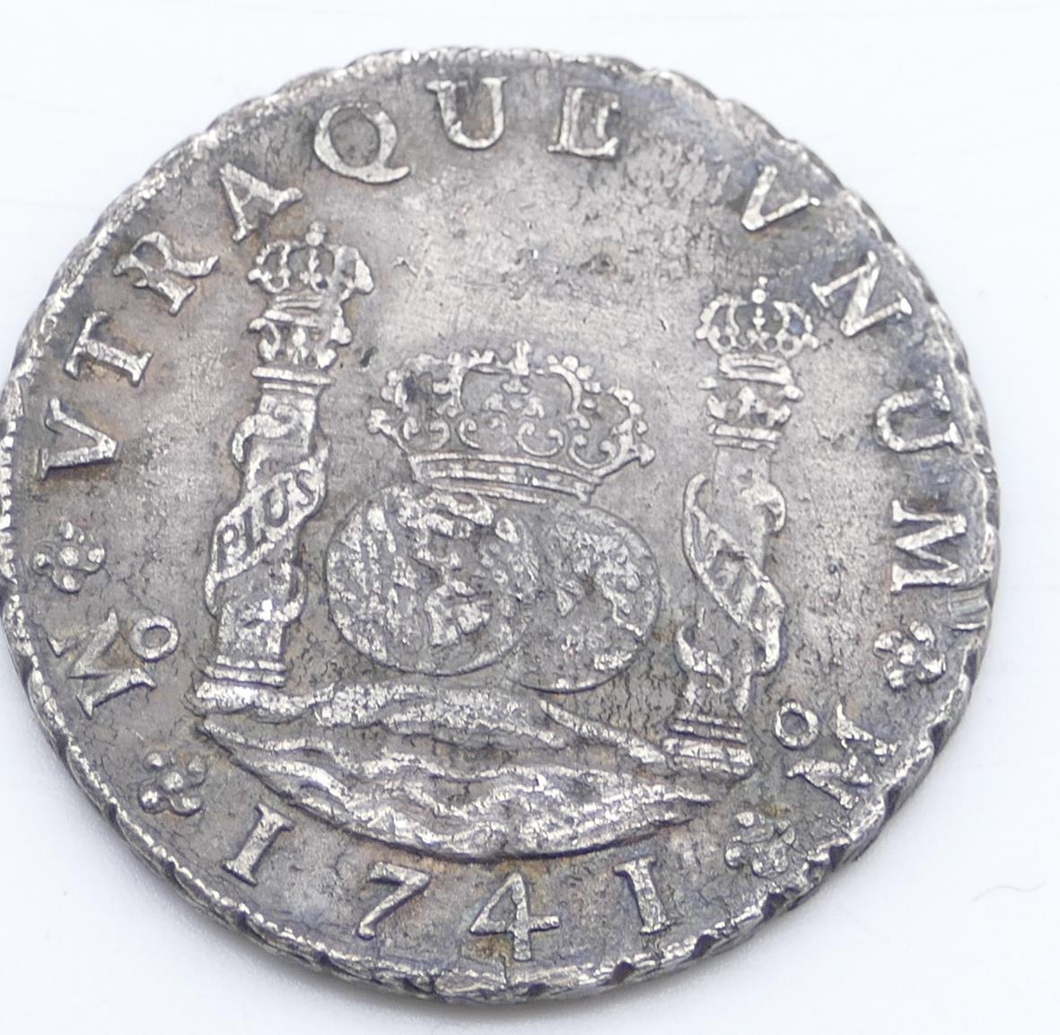 An 8 Reales Mexican silver coin 1741, 25.9grams.