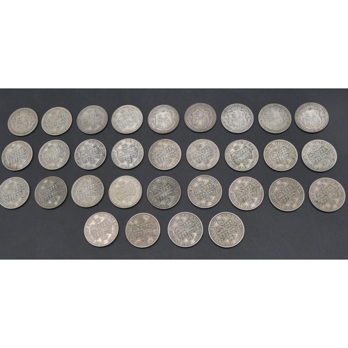 23 Half Crowns, 1920/1946; 7 x 1947, 1 x 1949, overall weight 430.1 grams.